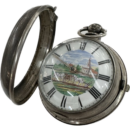 Hallmarked antique silver pair cased pocket watch with painted dial ...