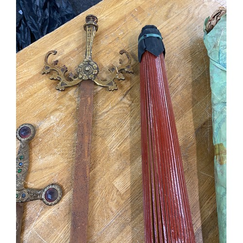 Selection of vintage items to include a parasol and sword wall hanging ...