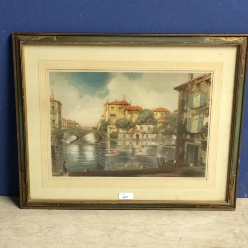 Modern print signed Claude Deval, Italian river scene, framed and ...