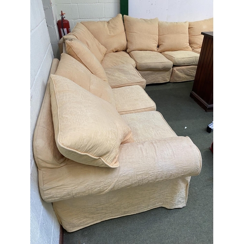 Large L shaped sofa , yellow loose cushions, (white draylon base ...