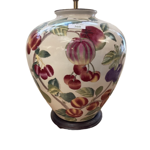 A large china table lamp, decorated with peaches and another lamp