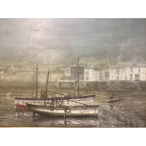 Roderick john Lovesey, oil on canvas, 1944, Harbour scene with boats ...