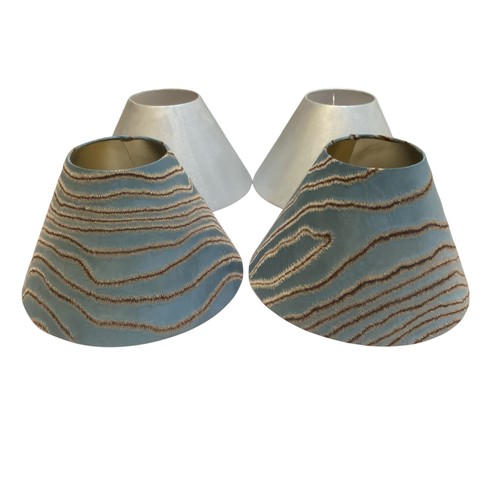 Two pairs of lamp shades. Blue silk with gold and brown stitched ...