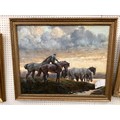 Rosemary Poppy Welch, boy on horses, framed, signed lower left. 60cm x 74cm