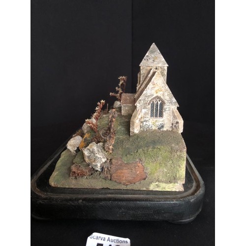 MID VICTORIAN MODEL OF BIDBOROUGH CHURCH UNDER GLASS DOME