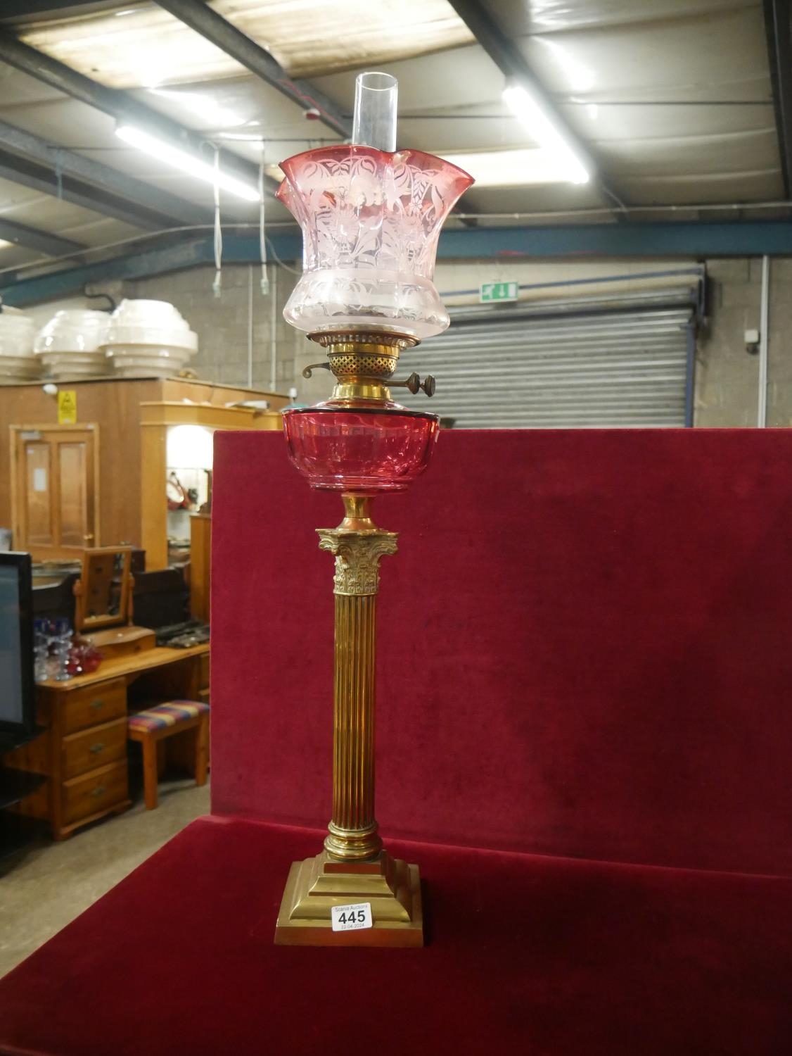 VICTORIAN RUBY OIL LAMP ON BRASS COLUMN WITH ORIGINAL RUBY SHADE ...