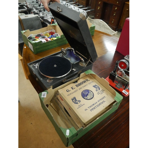 RECORD PLAYER & BOX OF RECORDS