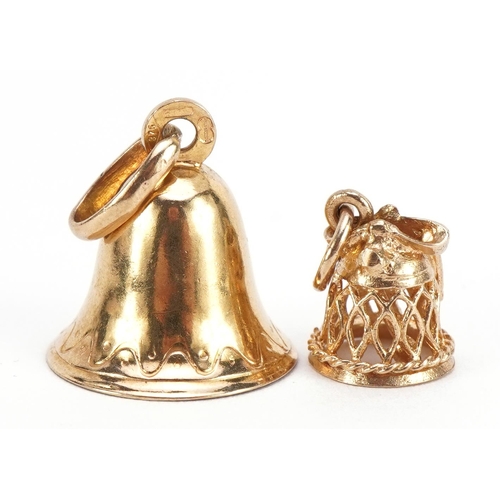 Two 9ct gold bell charms, the largest 1.7cm high, 3.2g