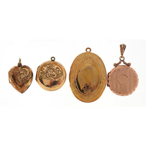 Four yellow metal lockets including a 9ct gold back and front example ...