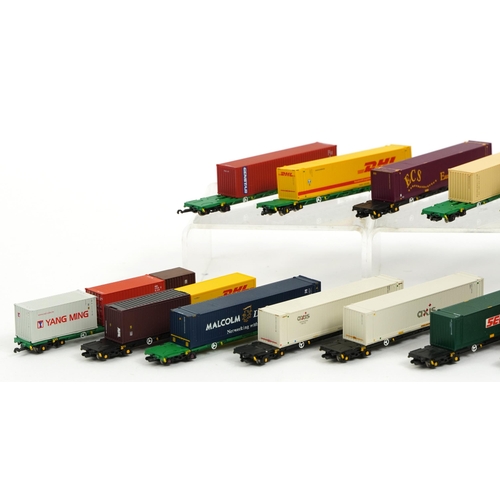 Sixteen N gauge model railway container wagons predominantly Bachmann ...