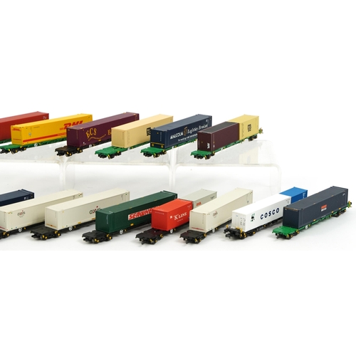 Sixteen N gauge model railway container wagons predominantly Bachmann ...