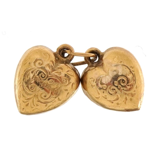 9ct gold double love heart charm, 1.3cm high, 0.9g