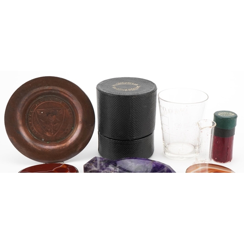 Objects including an amethyst dish, antique glass medical measure with ...