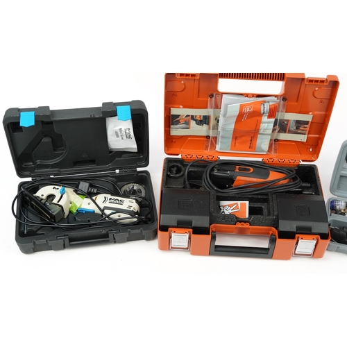 Three power tools with cases comprising Fein Multi Master, Mac Allister ...