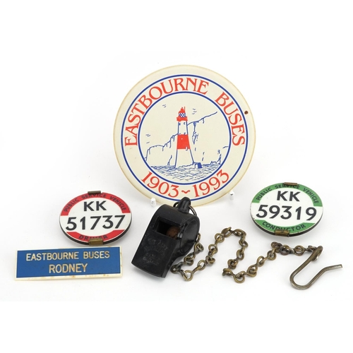 Bus collectables including two Public Service Vehicle Conductor badges ...