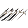 Three decorative steel bladed swords with scabbards and two fencing ...