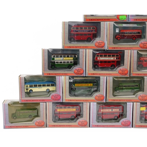 Twenty Exclusive First Editions 1:76 scale diecast model buses with boxes