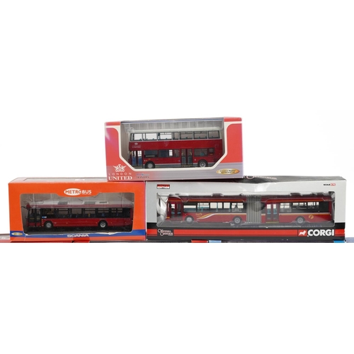 Twelve diecast model buses with cases and boxes including Scania ...