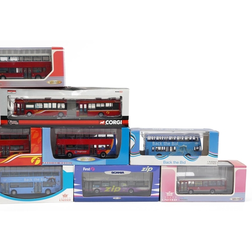 Twelve diecast model buses with cases and boxes including Scania ...