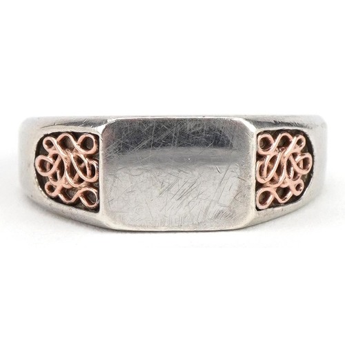 Clogau, Welsh silver and gold signet ring with scrolled shoulders with ...