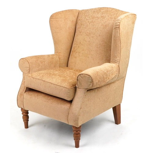 Multiyork wingback armchair with gold fabric upholstery, 100cm high