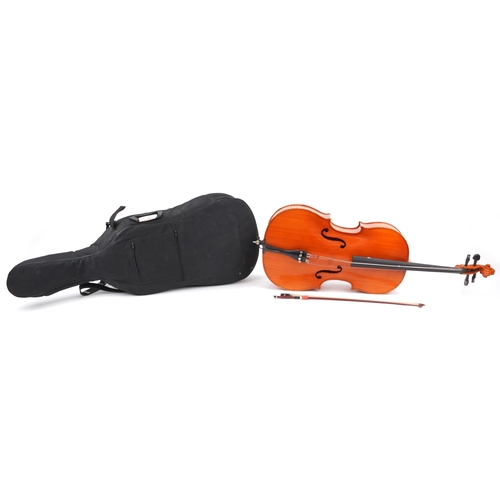 Wooden half size cello with protective case, the back 26.5 inches in length