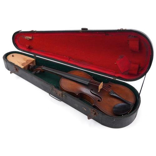 Old wooden violin with case bearing a paper label printed Gaspar da ...