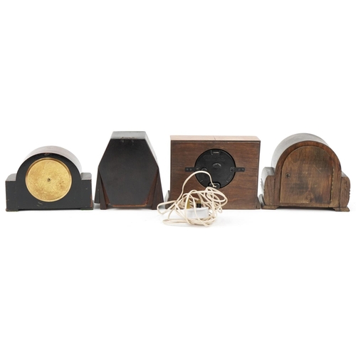 Four Art Deco walnut and oak mantle clocks including Temco, Davall and ...