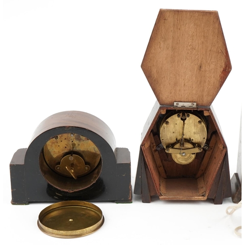 Four Art Deco walnut and oak mantle clocks including Temco, Davall and ...