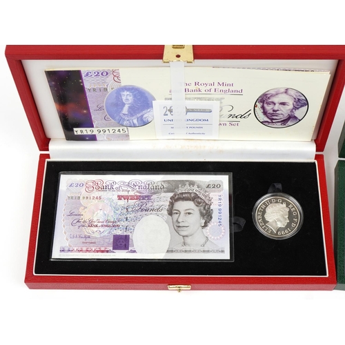 Two Royal Mint and Bank of England note and silver crown sets ...