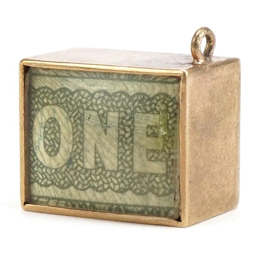 9ct gold emergency one pound note charm, 1.4cm wide, 3.3g
