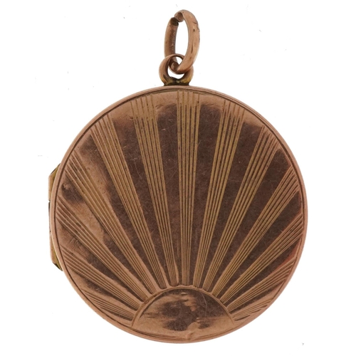 Art Deco style 9ct rose gold engine turned locket, 2.7cm in diameter, 5.7g