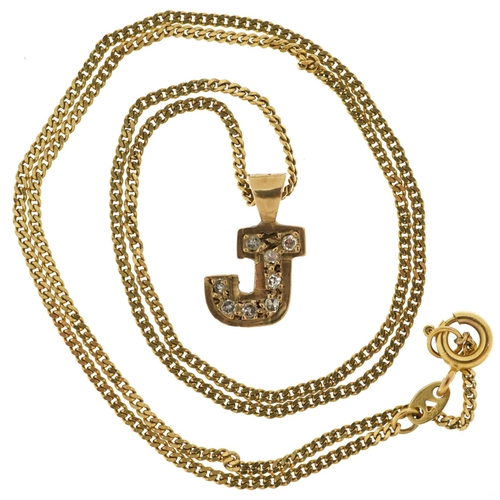 9ct gold diamond initial J pendant on an 8ct gold necklace, 1.5cm high ...
