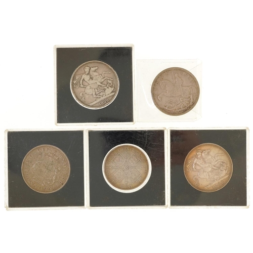 Four William IV and later crowns and a Queen Victoria 1889 double ...