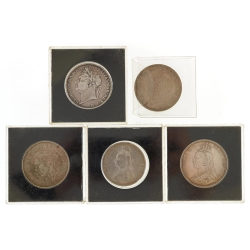 Four William IV and later crowns and a Queen Victoria 1889 double ...