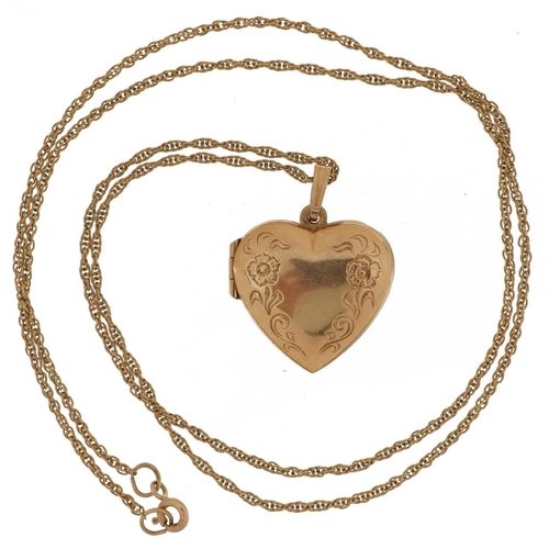 9ct gold floral engraved love heart locket on a 9ct gold necklace, 3cm ...