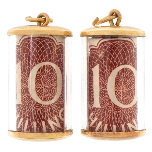 Two yellow metal emergency ten shilling note charms, each 2.5cm high ...