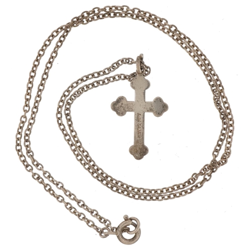 Silver engraved cross pendant on a white metal necklace, 2cm high and ...