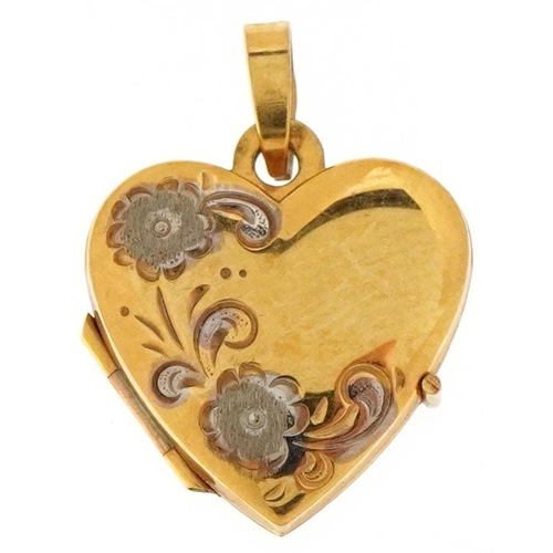 A 9ct two tone gold love heart locket engraved with flowers, 2.2cm high ...