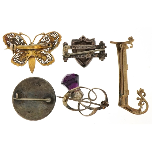 Five antique silver brooches including a blue guilloche enamel brooch ...