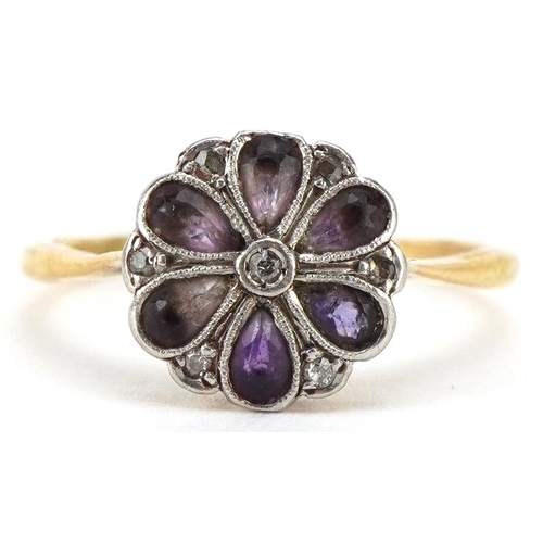 An Art Deco unmarked gold tourmaline and diamond flower head ring, size ...