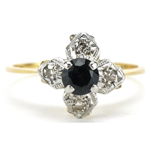 An 18ct gold sapphire and diamond flower head ring, size H, 1.6g