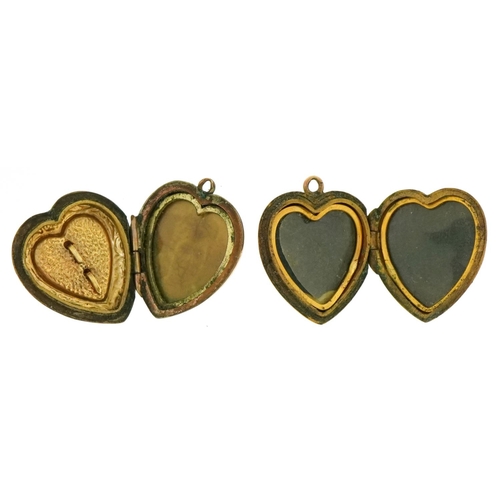 Two 9ct gold back and front love heart lockets, one inlaid with mother ...