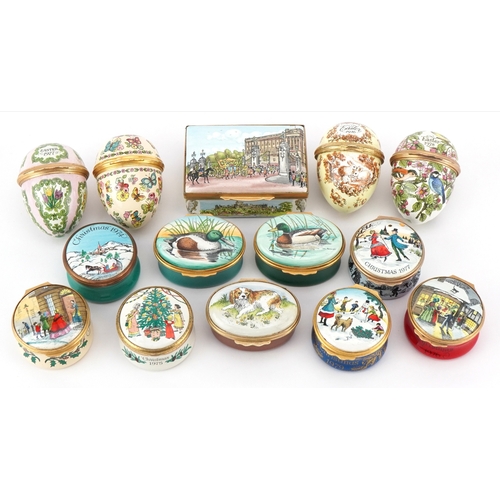 A collection of Halcyon Days enamelled trinket boxes, the largest 5.5cm ...
