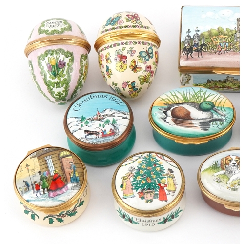 A collection of Halcyon Days enamelled trinket boxes, the largest 5.5cm ...