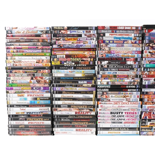 An extensive collection of adult entertainment DVDs and VHS cassettes.