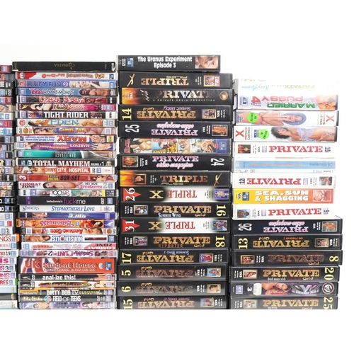 An extensive collection of adult entertainment DVDs and VHS cassettes.