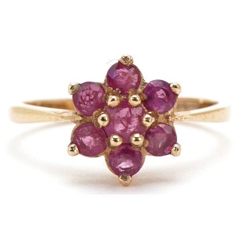 A 9ct gold ruby flower head ring, size L, 2.0g.