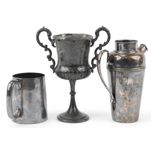 Antique military interest trophies comprising a pewter twin handled ...