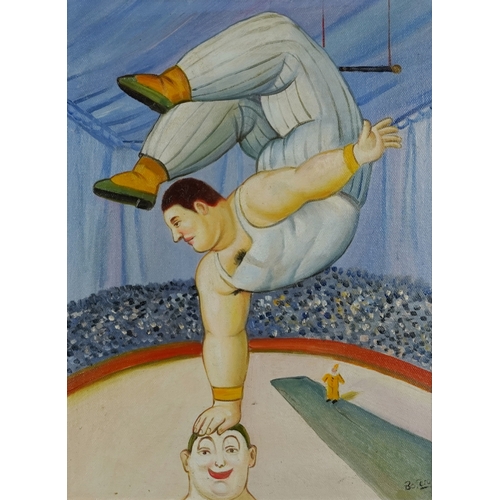 In the manner of Fernando Botero - Circus scene, oil on board, framed ...